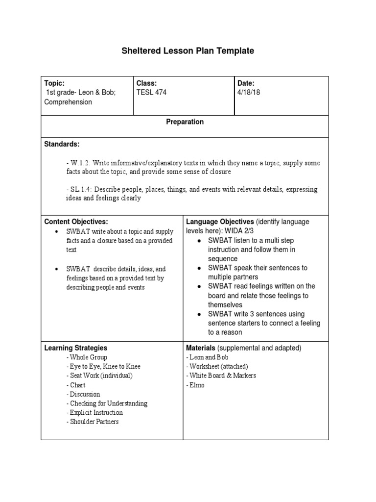 Sheltered Lesson Plan Template: Topic: Class: Date | PDF | Feeling ...