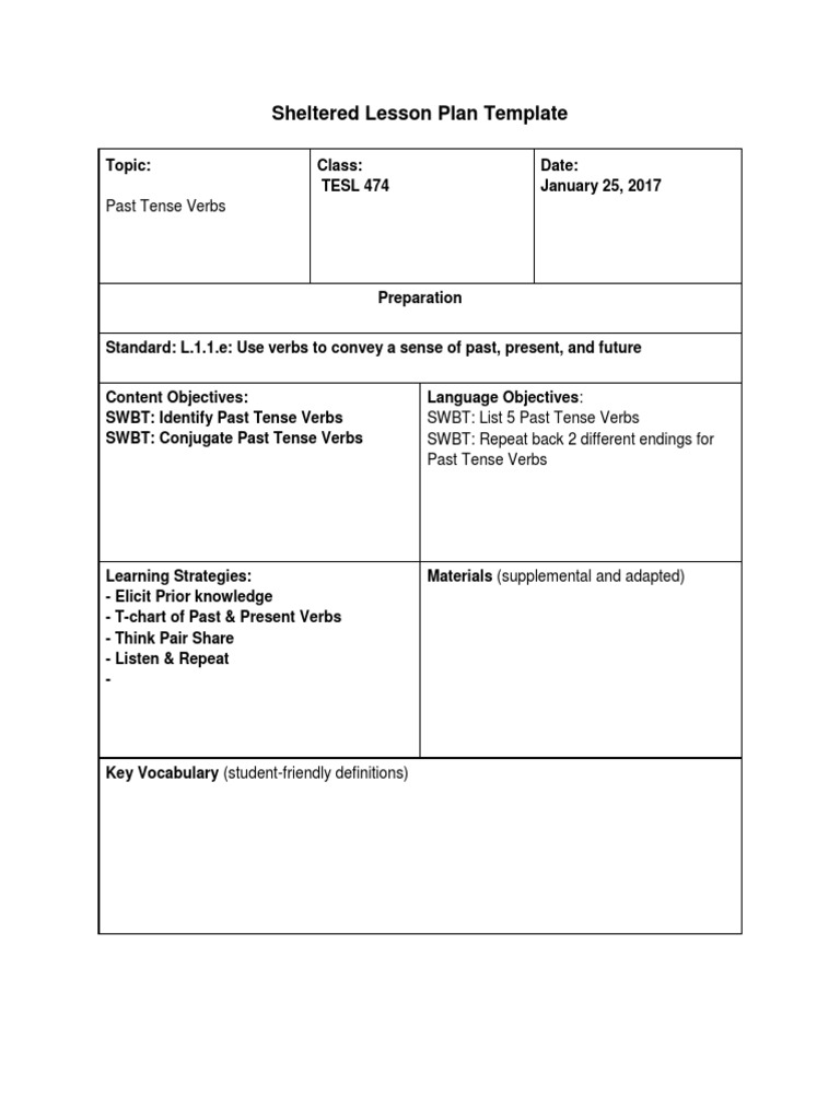 Past Tense Verbs Lesson Plan Template | PDF