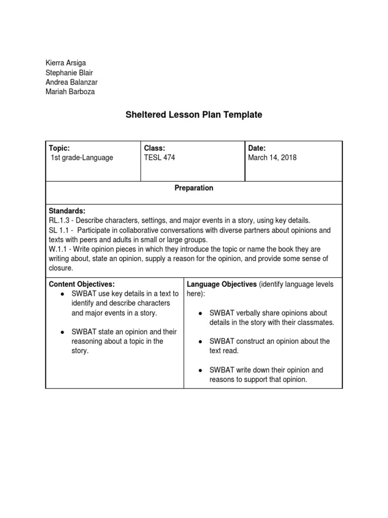 Sheltered Lesson Plan Template: Topic: Class: Date | Download Free PDF ...