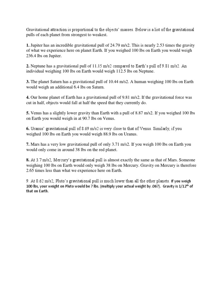 Planetary Gravity Comparison Chart | PDF