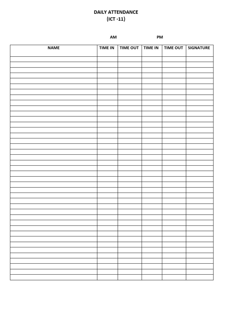 Daily Attendance Record for ICT Class 11 Tracking Morning and Afternoon ...