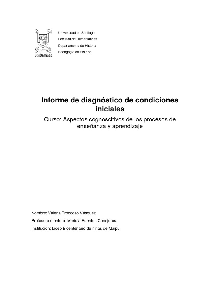 Informe de Dignóstico de Condiciones Iniciales. Valeria Troncoso Vásquez | PDF | Maestros | Toma ...