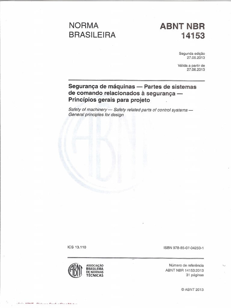 ABNT NBR 14153 2013 Segurança de Máquinas Partes de Sistemas de Comando ...
