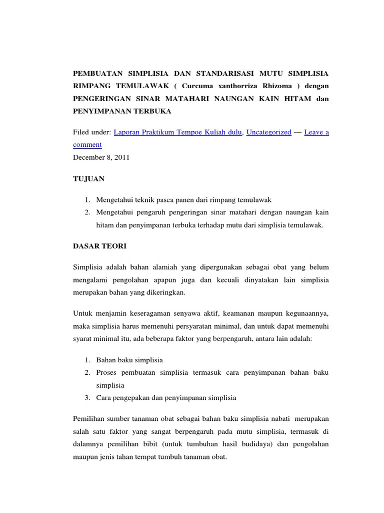 Pembuatan Simplisia Dan Standarisasi Mutu Simplisia Rimpang Temulawak | PDF