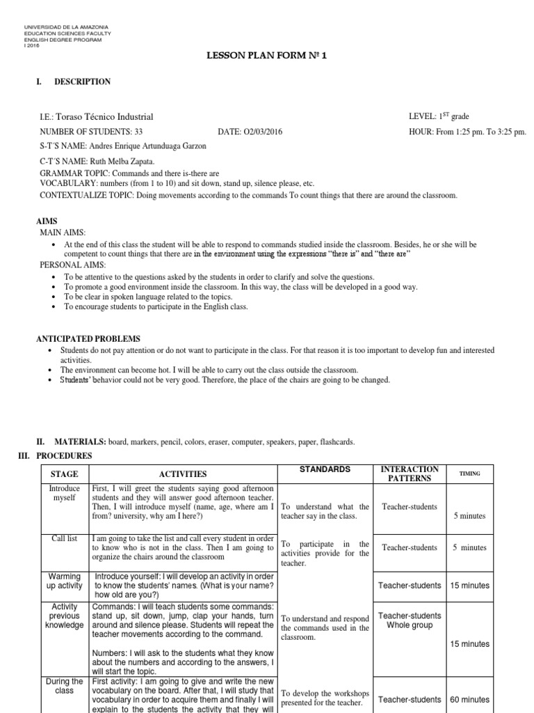 Modelo de Lesson Plan | PDF | Classroom | Vocabulary