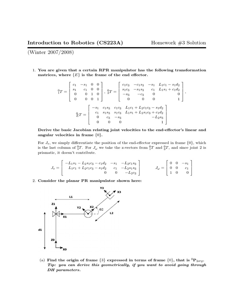 Introduction To Robotics (CS223A) Homework #3 Solution (Winter 2007/2008) | Download Free PDF ...