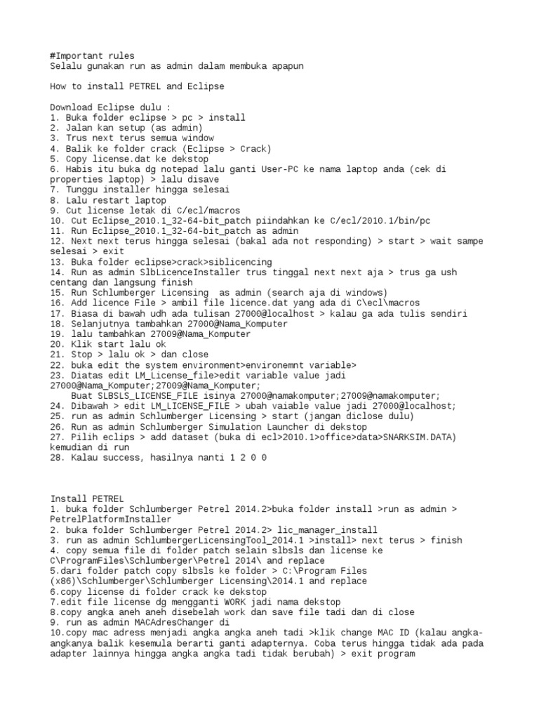Step-by-step instructions for installing Eclipse, PETREL and ...