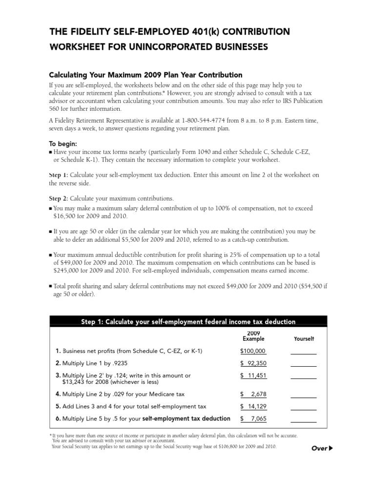 The Fidelity Self-Employed 401 (K) Contribution W Worksheet For ...