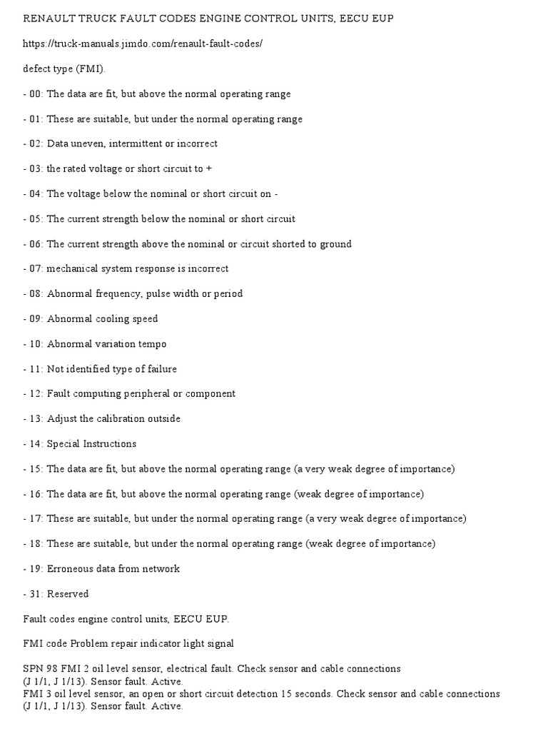 Renault Truck Fault Codes Engine Control Units, Eecu Eup | PDF ...