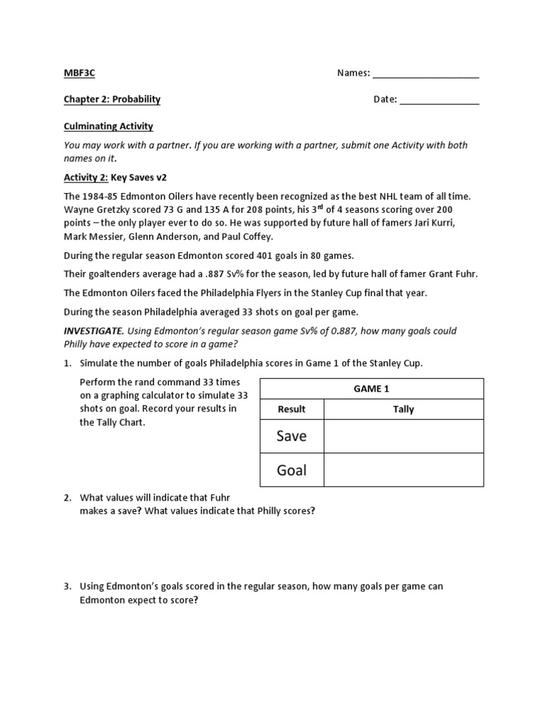 MBF3C CH 2 Probability Culminating Activity | PDF | National Hockey ...