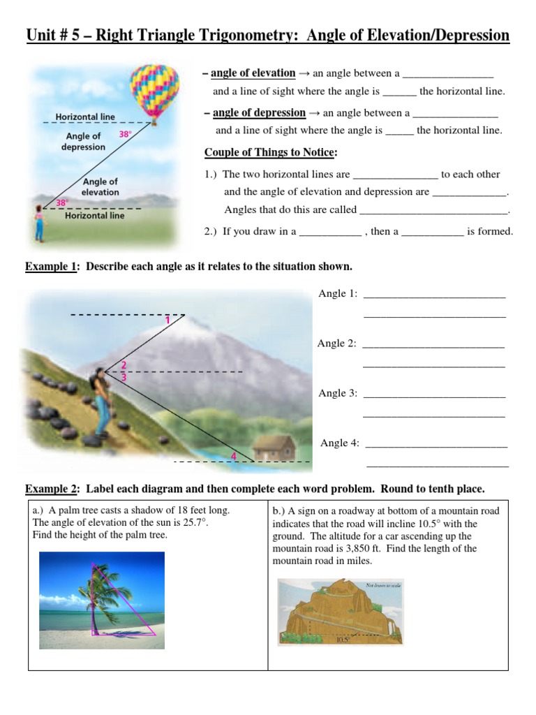 Right Triangle Trigonometry: Elevation/Depression | PDF | Angle | Nature