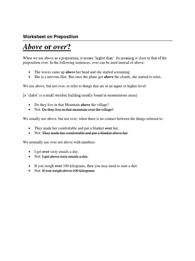 Above or Over?: Worksheet On Preposition | PDF