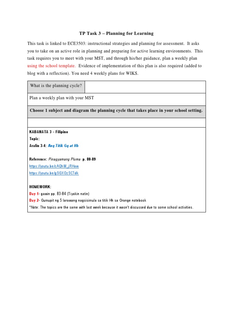 TP Task 3 - Planning For Learning: Using The School Template | PDF ...