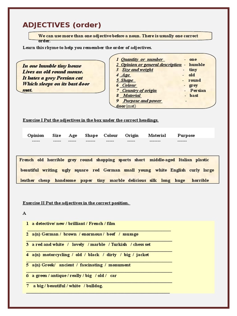 Order of Adjectives Grammar Drills Grammar Guides 62424 | PDF | Adjective