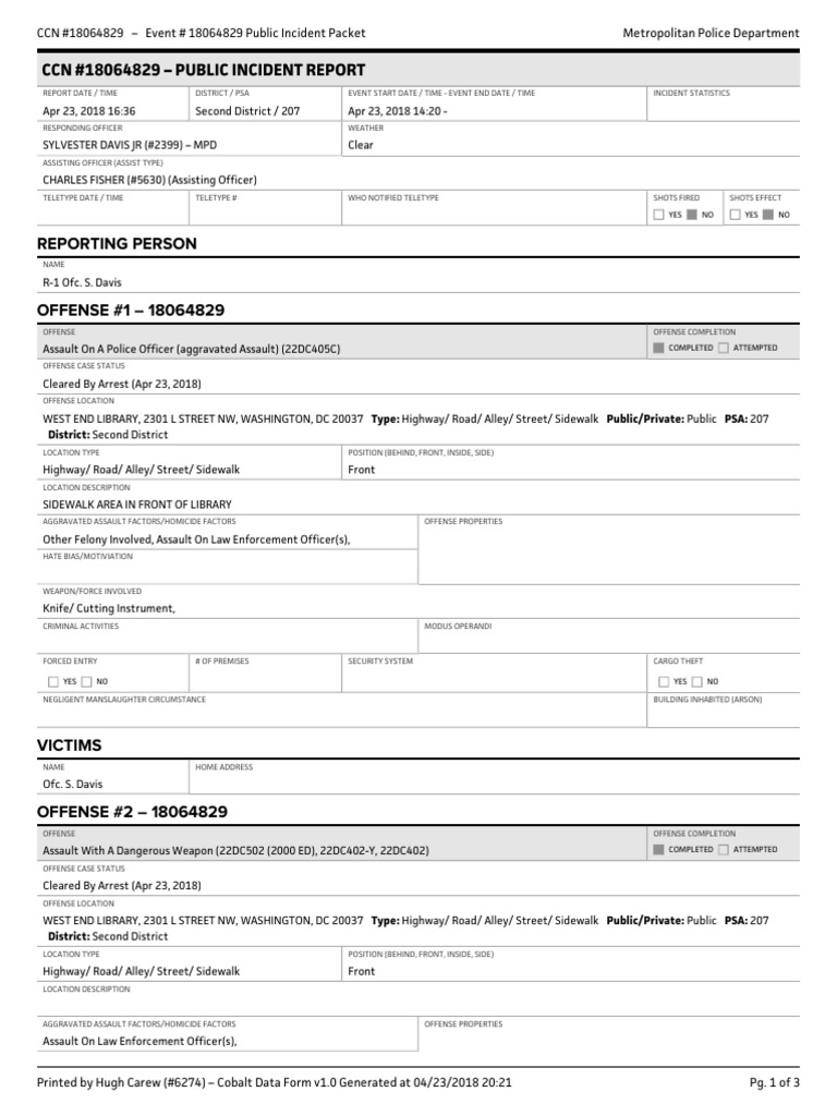 DC Police Report: CCN#18064829 | PDF | Assault | Crime & Violence