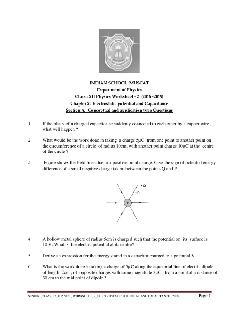 Class 12 Physics Worksheet on Electrostatics | PDF | Capacitance ...