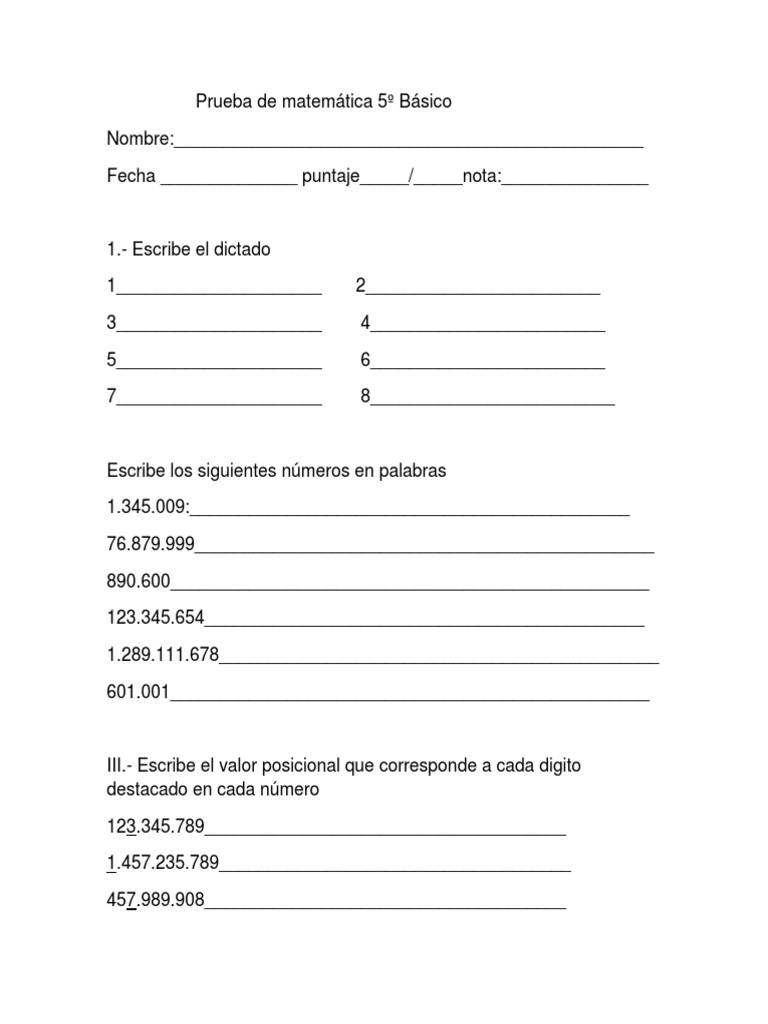 Prueba Matemáticas 5º Básico: Números y Comparaciones | PDF | Notación ...