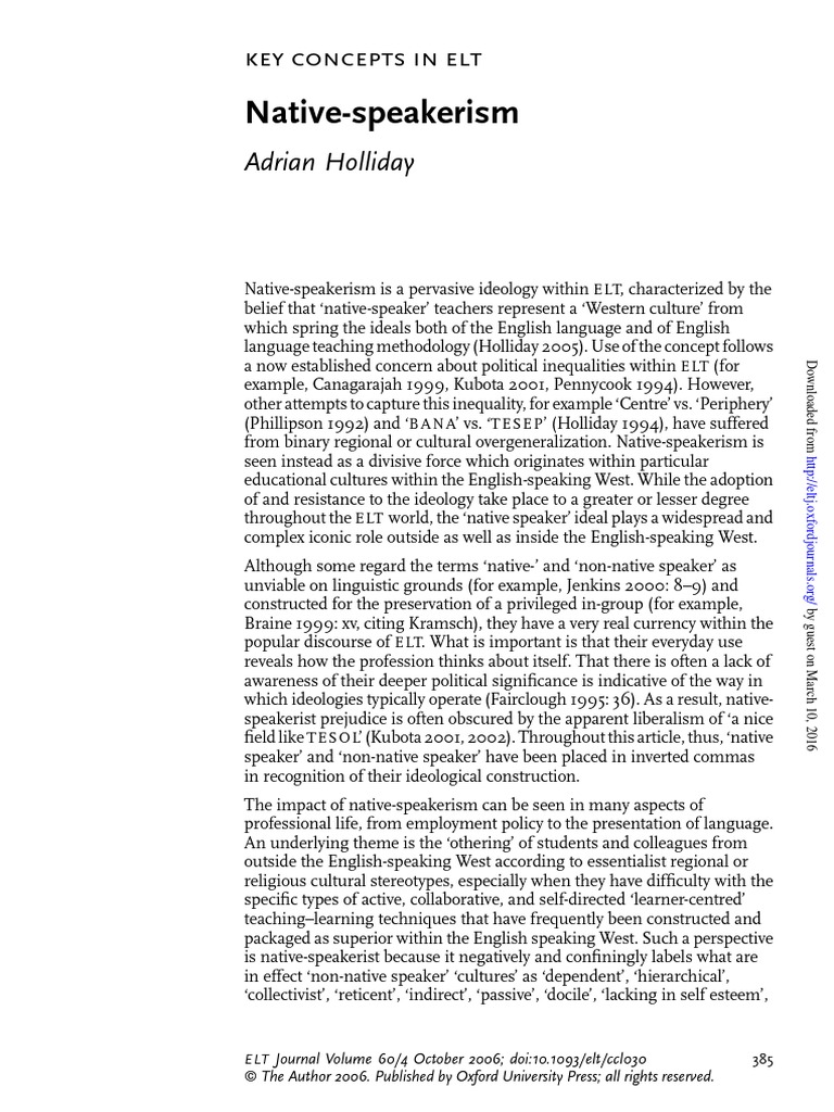 Holliday - Native Speakerism | PDF | English Language | Prejudices