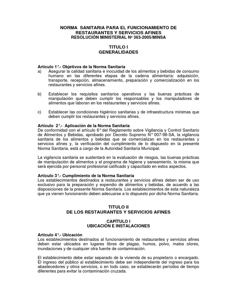 RM 363-2005-Minsa Norma Sanitaria para El Funcionamiento de | PDF | Alimentos | Cocina