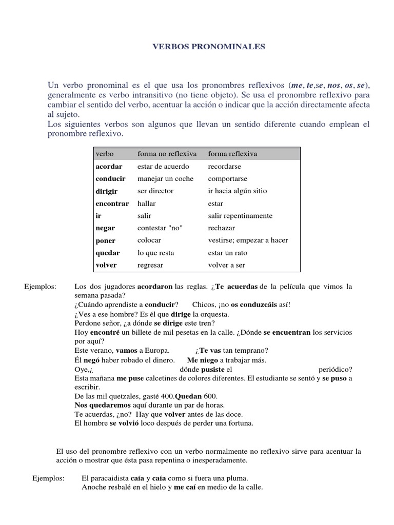 Verbos Pronominales | PDF | Verbo | Asunto (gramática)