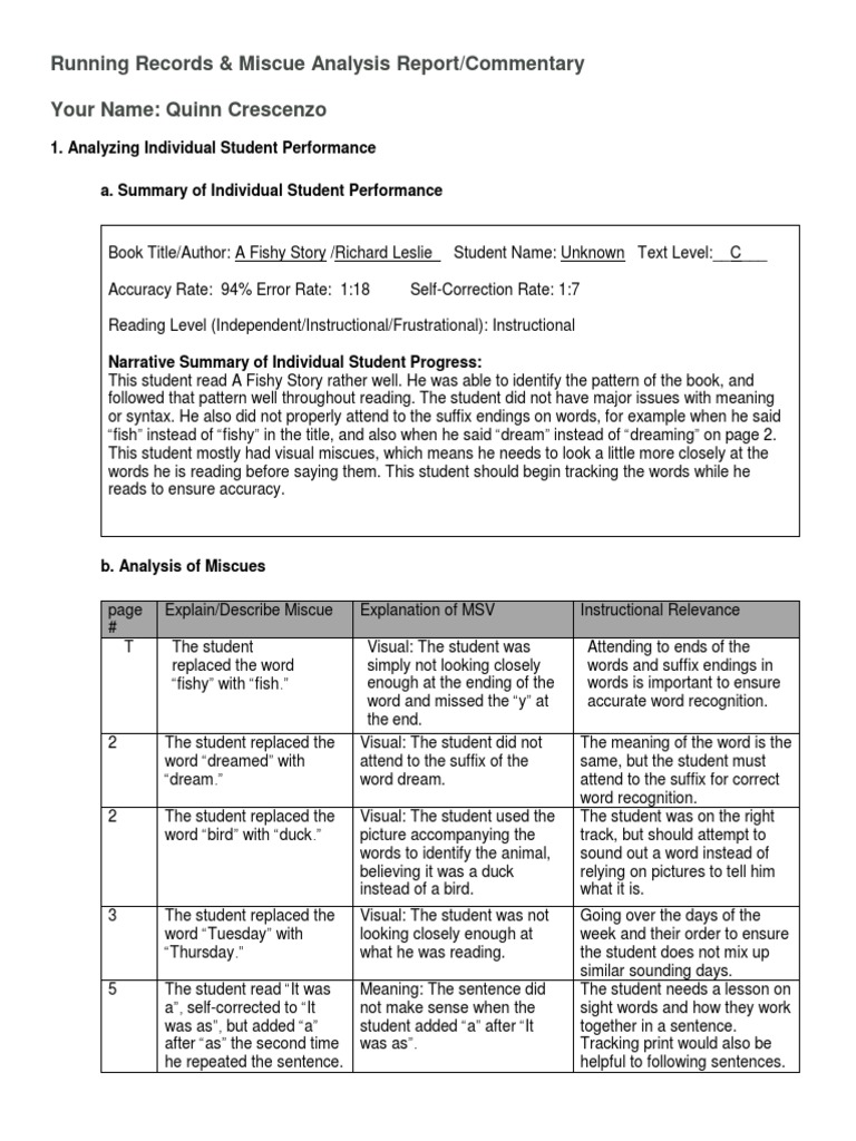 Running Miscue Record Paper | PDF | Phonics | Reading (Process)