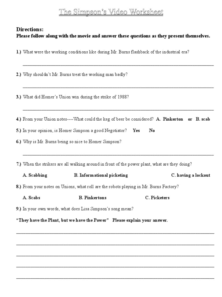 The Simpsons Labor Union Video Worksheet | PDF