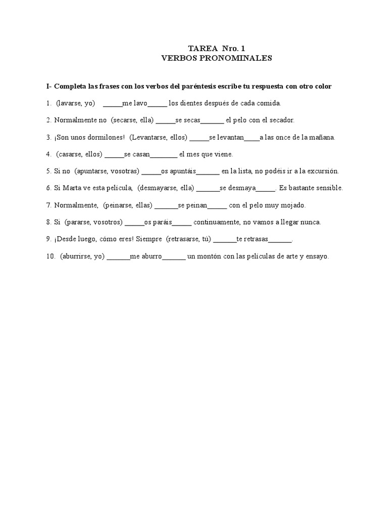 Ejercicio de Verbos Pronominales | PDF | Artes del Lenguaje y Comunicación