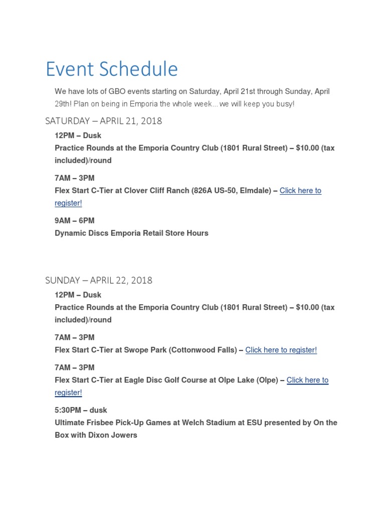 Disc Golf 2018 Itinerary | PDF | Sports | Leisure
