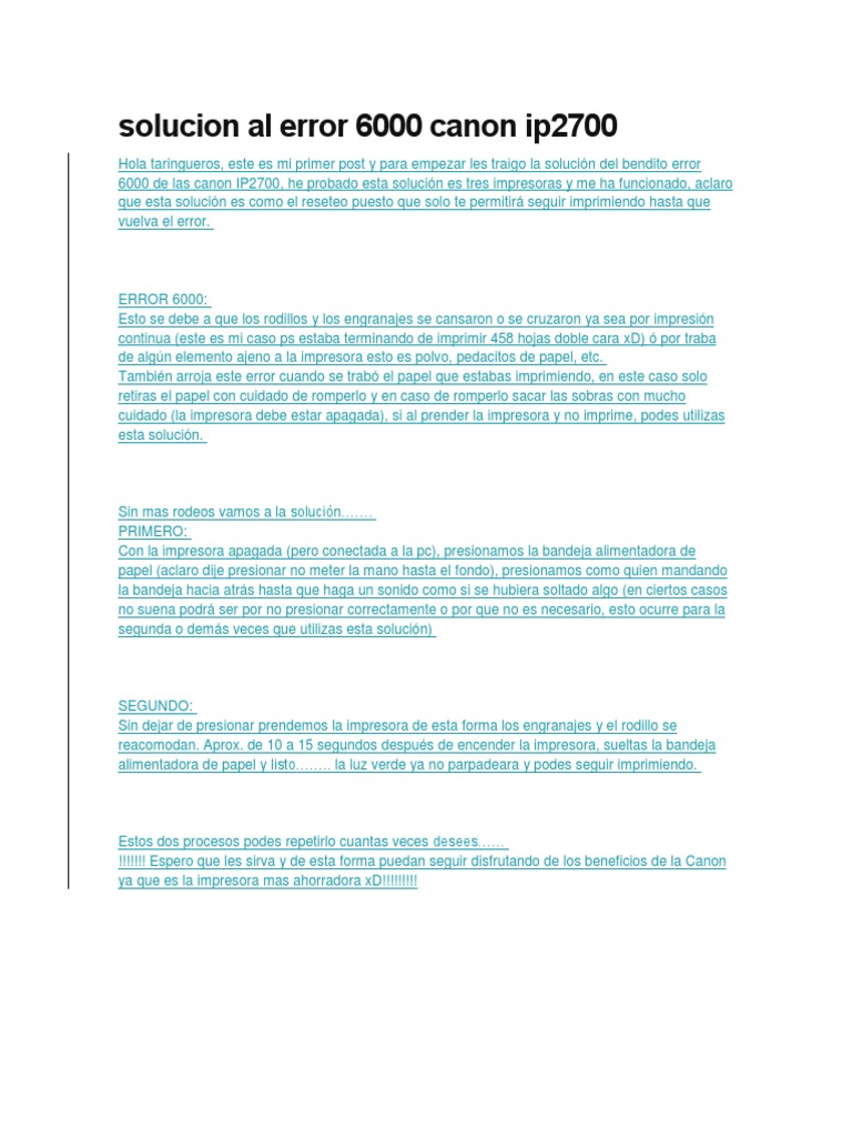 Solucion Al Error 6000 Canon Ip2700 | PDF | Impresora (Computación ...