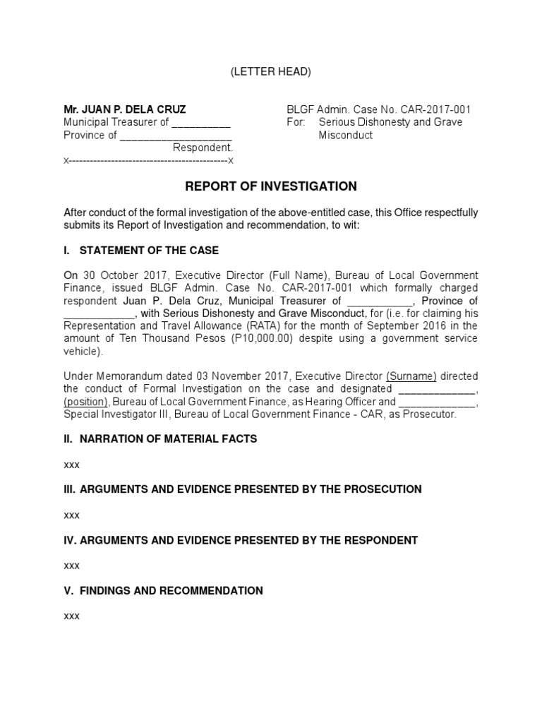 Form - Formal Investigation Report | PDF | Prosecutor | Law Enforcement