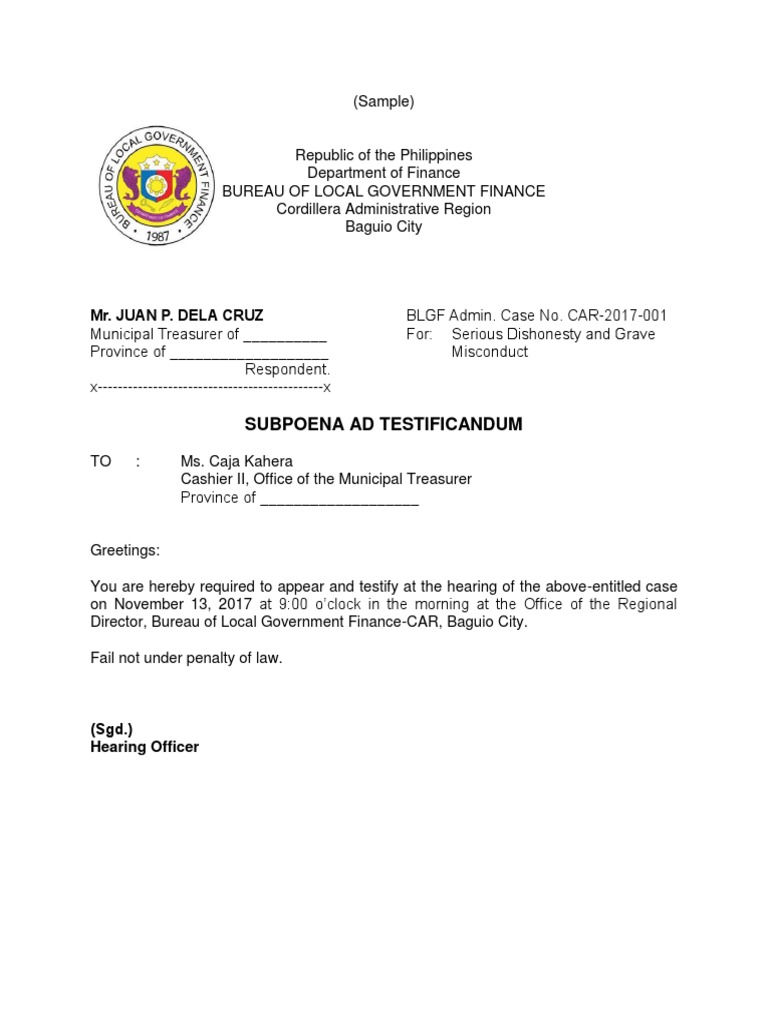 Subpoena Ad Testificandum: Mr. Juan P. Dela Cruz | PDF