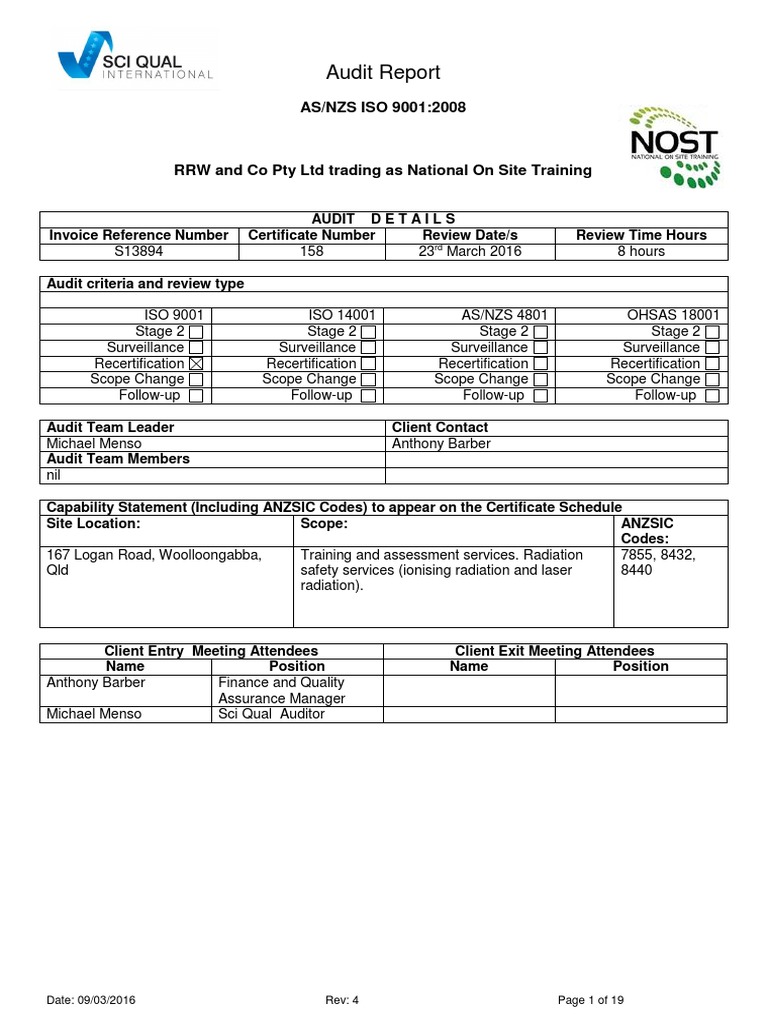 2016 ISO 9001 External Audit Report | PDF | Audit | Iso 9000