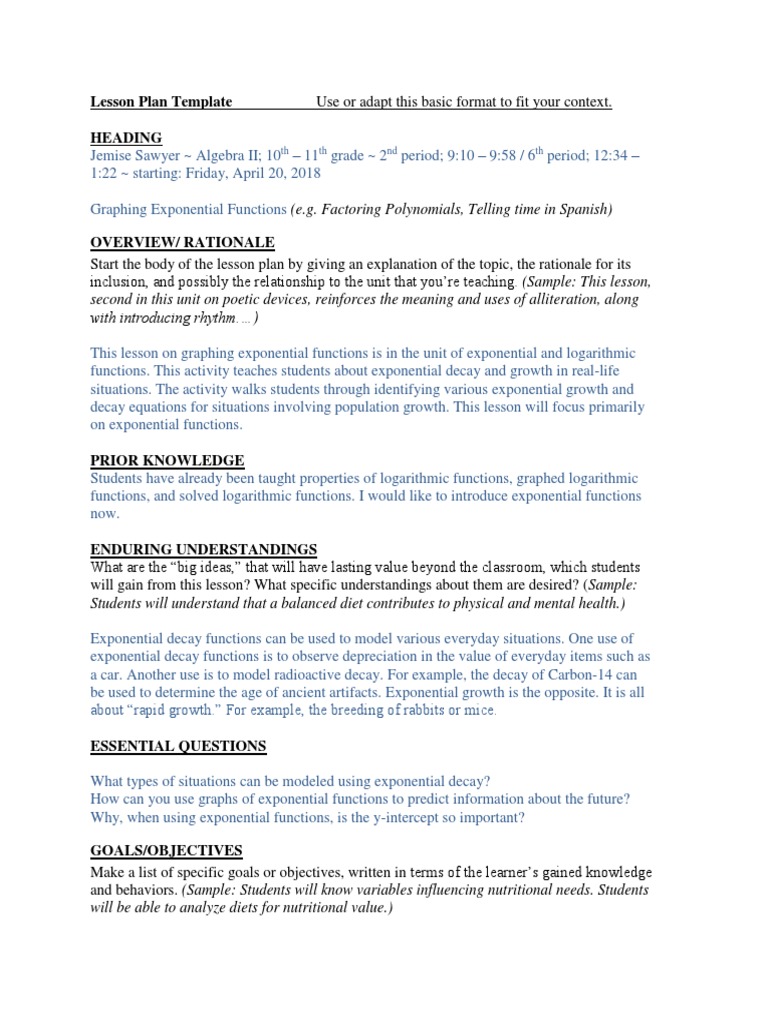 Lesson Plan Template Heading: TH TH ND TH | PDF | Exponential Function ...