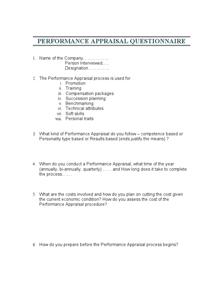 Performance Appraisal Questionnaire Guide | PDF | Performance Appraisal ...