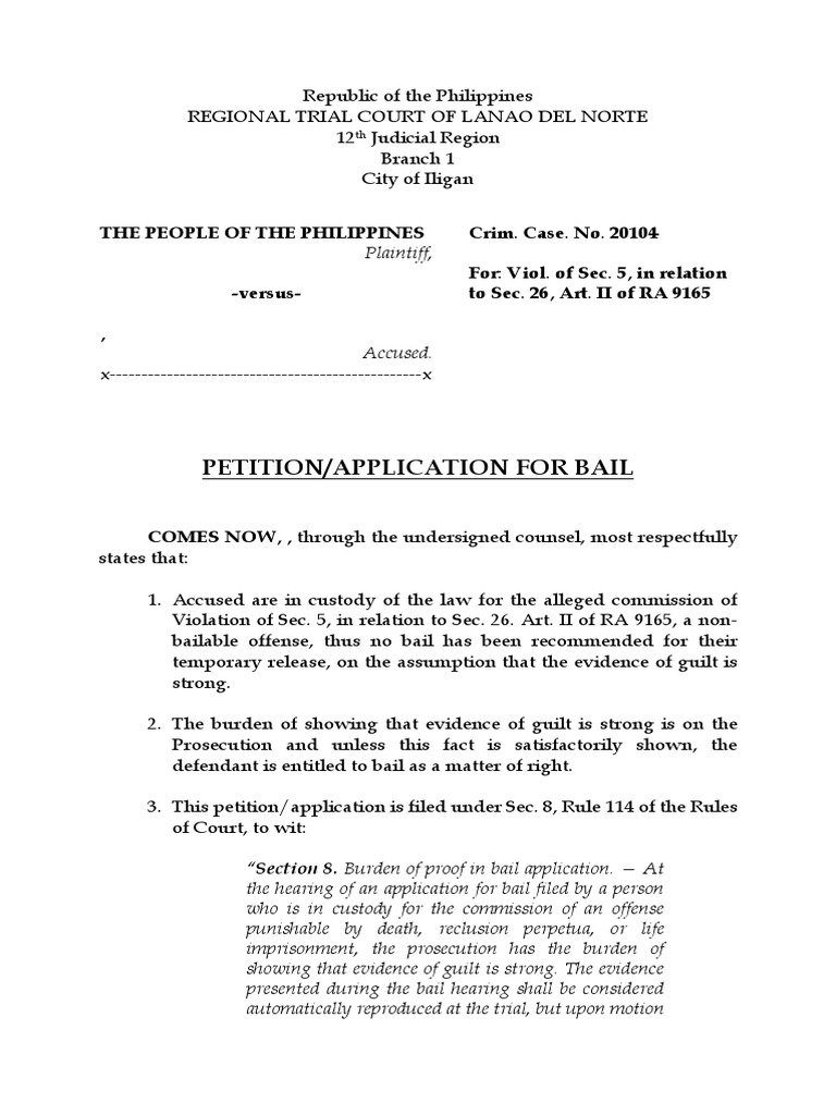 Application Petition For Bail Sample | Download Free PDF | Bail | Prosecutor