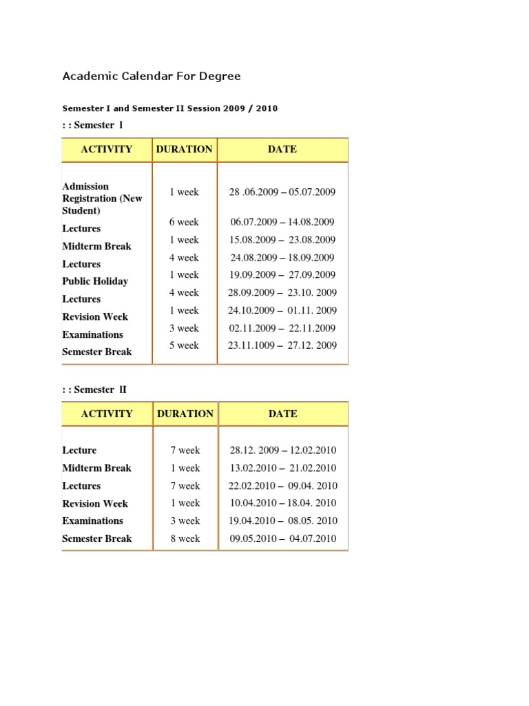 Academic Calendar For Degree | PDF