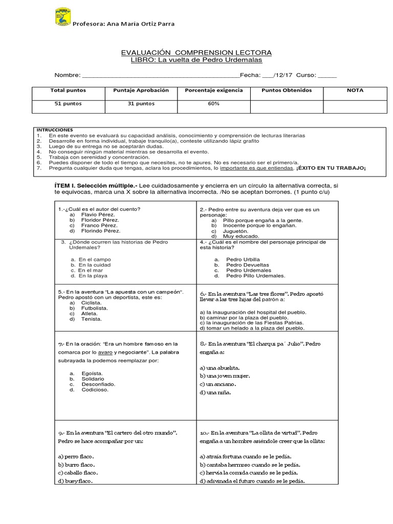 Evaluacion de Pedro de Urdemales | PDF
