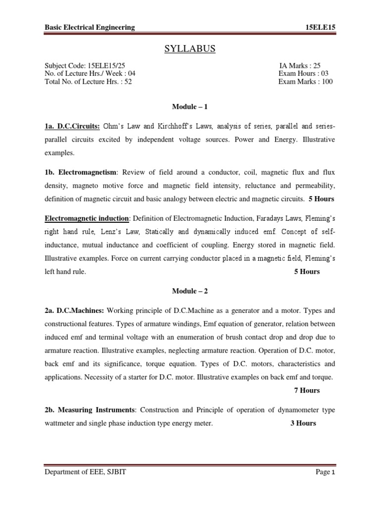 Eee I Basic Electricals Engg. 15ele15 Notes | PDF | Electromagnetic ... Eee I Basic Electricals Engg. 15ele15 Notes | PDF | Electromagnetic ...