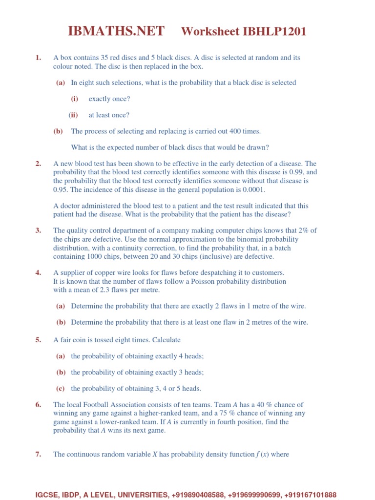 IB Maths worksheet Probability | Mean | Probability Distribution