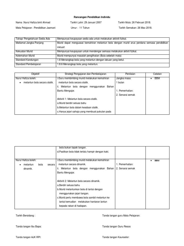 Rancangan Pendidikan Individu Syafiq | PDF