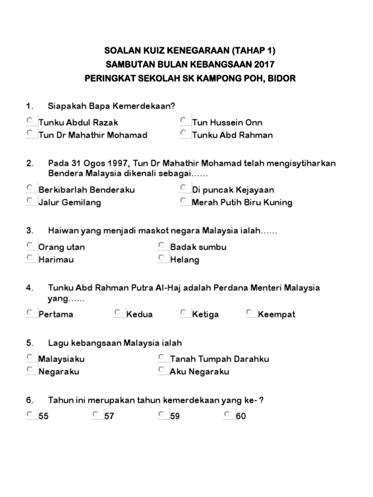 Kuiz Merdeka Tahap 1 | PDF