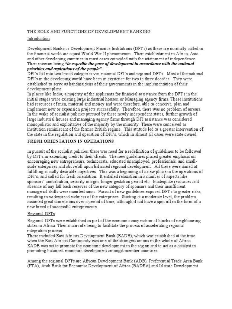The Role and Functions of Development Banking | PDF | Reserve Bank Of ...