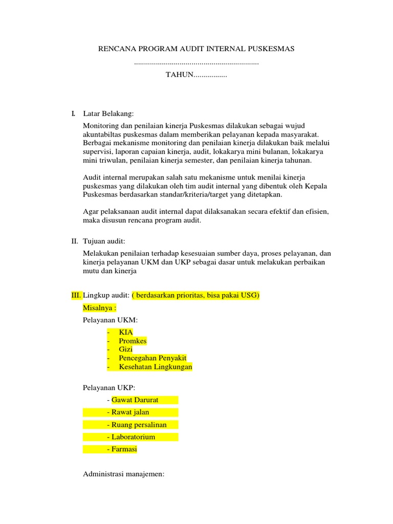 Contoh Template Rencana Program Audit Internal Puskesmas Dan Instrumen ...