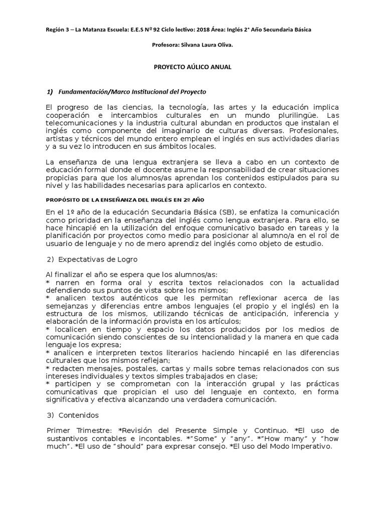 Proyecto Áulico 2do Año (Borrador) | PDF | Maestros | Educación Secundaria