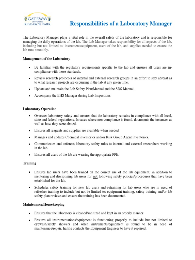 Lab Manager Responsibilities | PDF