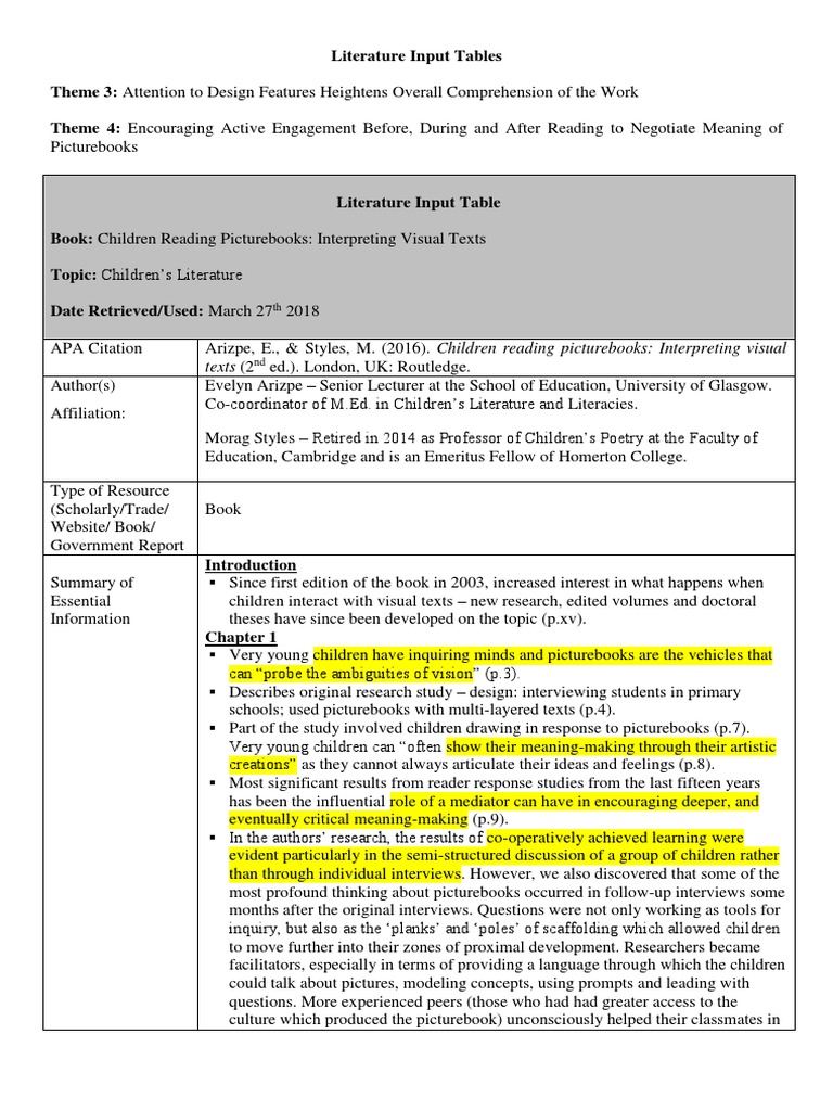 Literature Input Tables Theme 3 - Interpreting Picturebook As A Whole ...