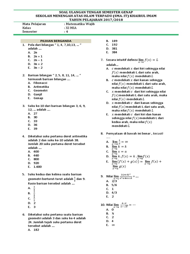 Soal Matematika Wajib Kelas X Sma | PDF