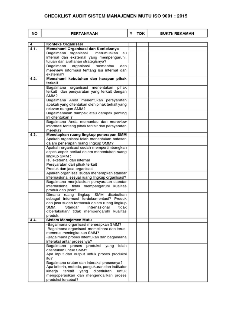 Iso 9001 2015 Internal Audit Checklist DOC) ISO 9001:2015 Client