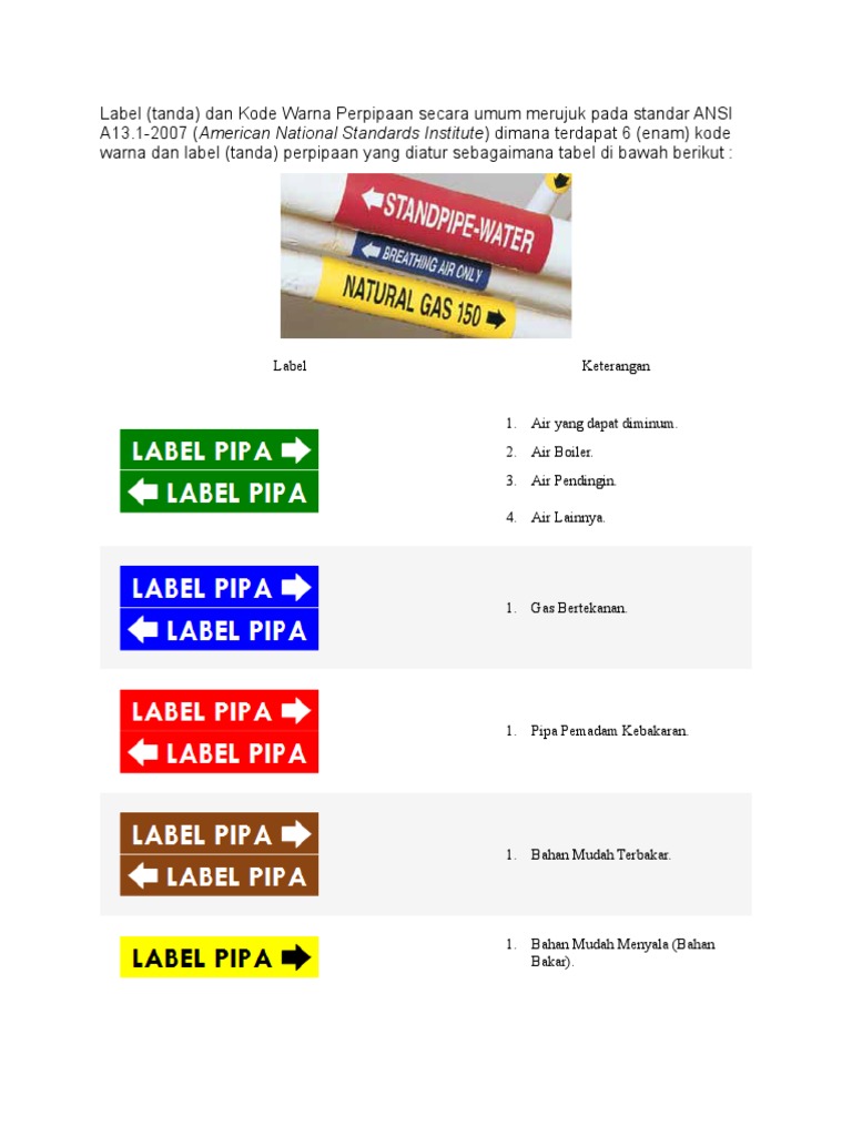 Kode Warna dan Label Pipa ANSI | PDF