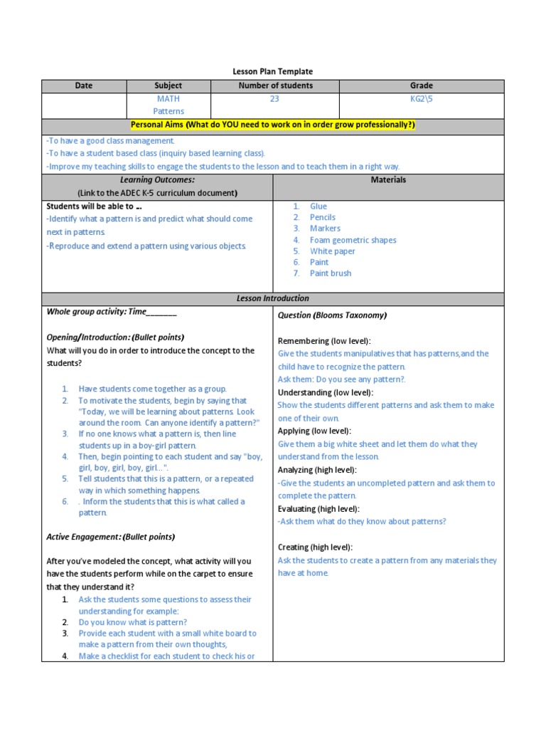Lesson Plan Patterns | PDF | Pattern | Lesson Plan